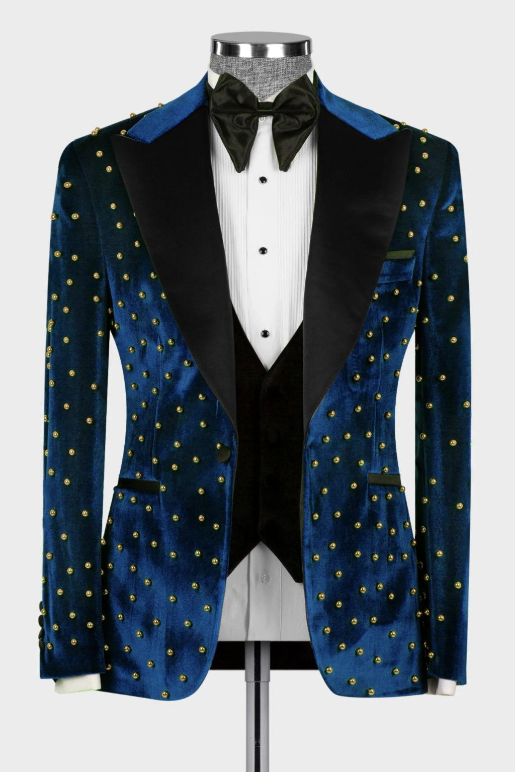 3 Piece Peaked Lapel Navy Blue Velvet Prom Suits with Gold Beadings ...