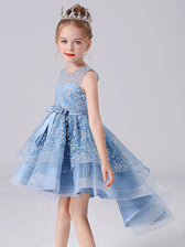 Blue Jewel Neck Sleeveless Short Princess Dress Sash Lace Kids Party D