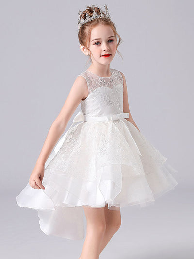 Blue Jewel Neck Sleeveless Short Princess Dress Sash Lace Kids Party D