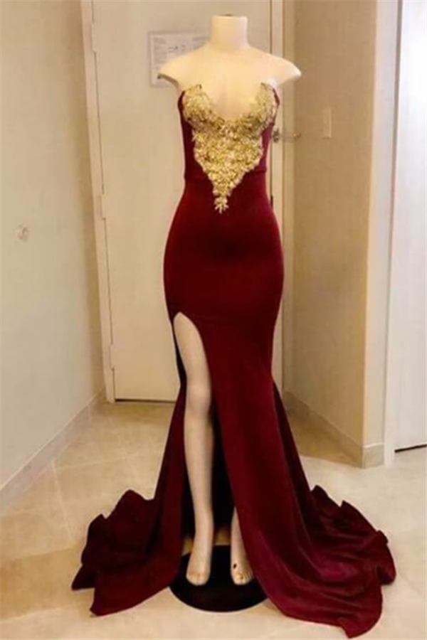 Chic Sweetheart Mermaid Prom Dreses with High split Velvet Gold Appliq ...