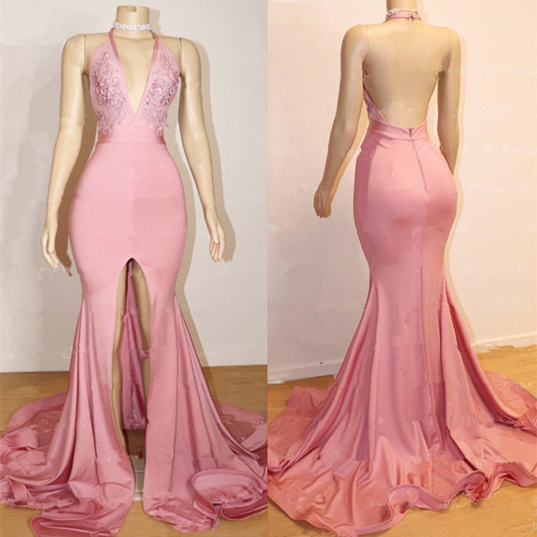 Elegant Pink Prom Party Gowns| Backless Lace Evening Gown With Slit ...