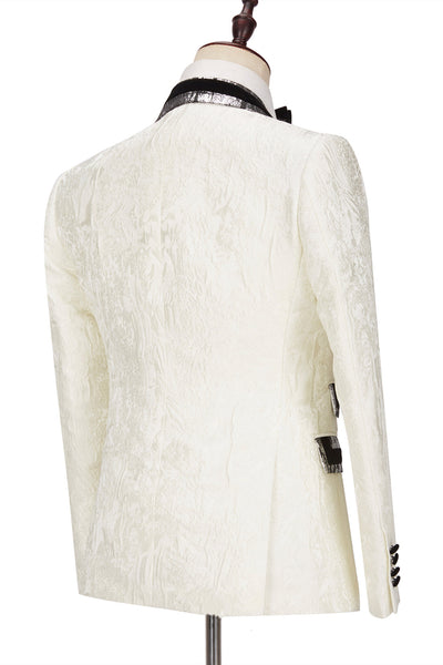 Fashion White Jacquard Sparkle Silver Gray Lapel Flaps Black Banding ...