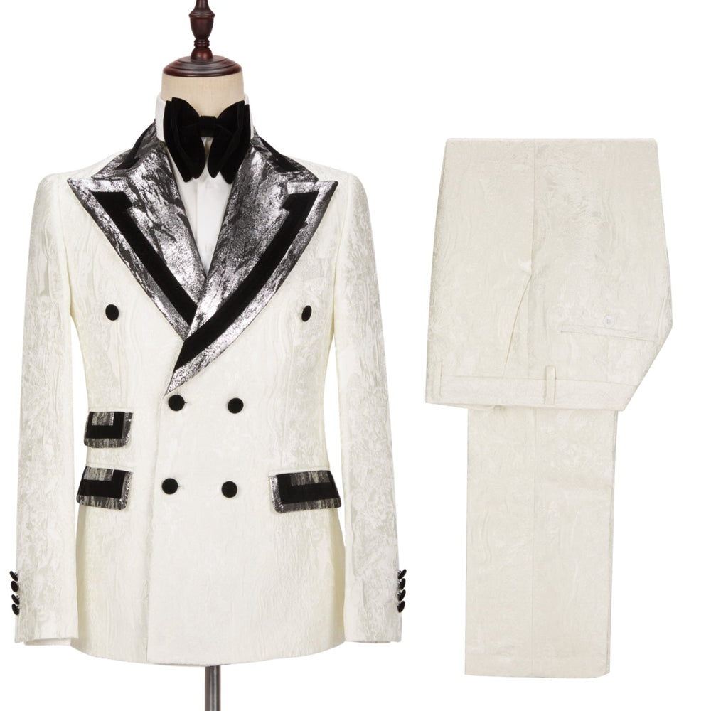 Fashion White Jacquard Sparkle Silver Gray Lapel Flaps Black Banding ...