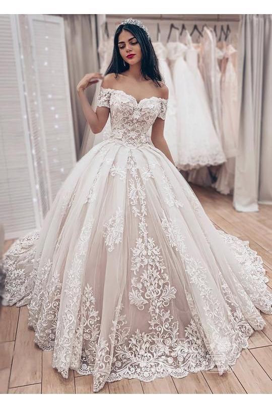 Gorgeous Long Ball Gown Off the Shoulder Lace Appliques Wedding Dress ...