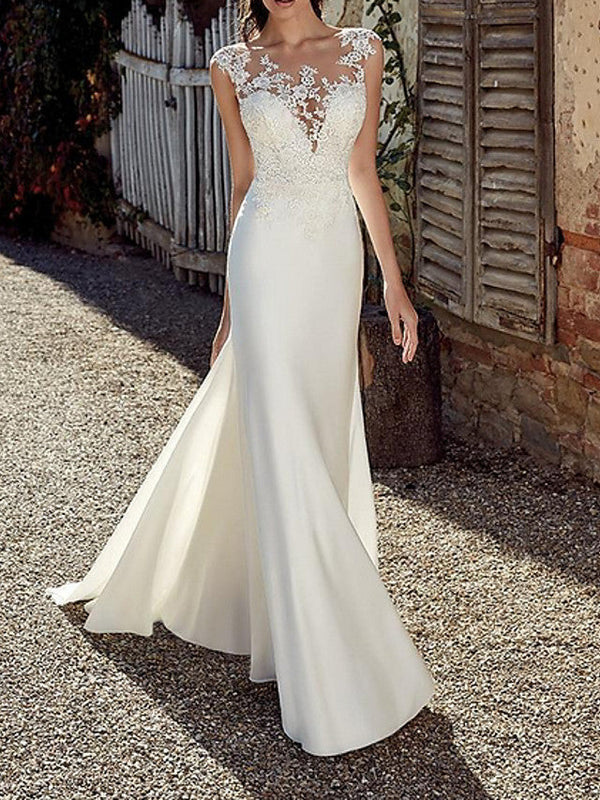 Long Mermaid Jewel Neck Sweep Brush Train Chiffon Wedding Dresses
