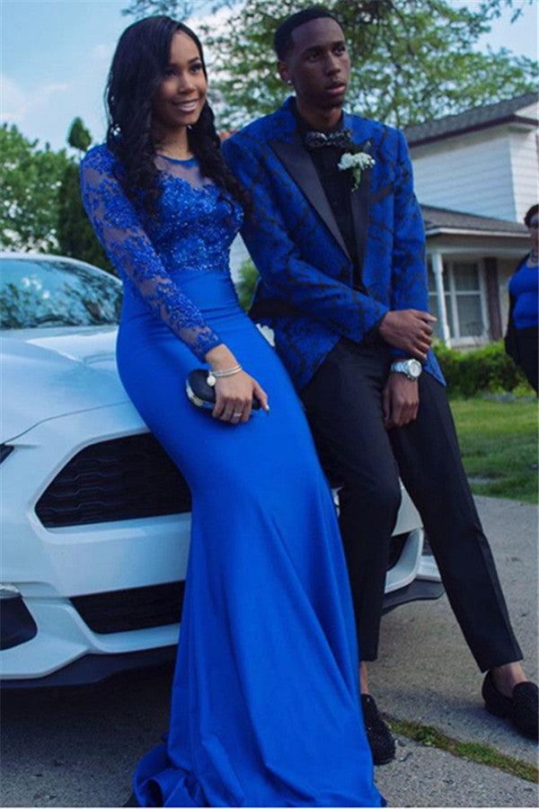 Royal Blue Jacquard Designer Boy Prom Suits with Black Lapel ...