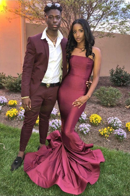 Strapless Burgundy Mermaid Prom Dresses with Ruffled Train ...