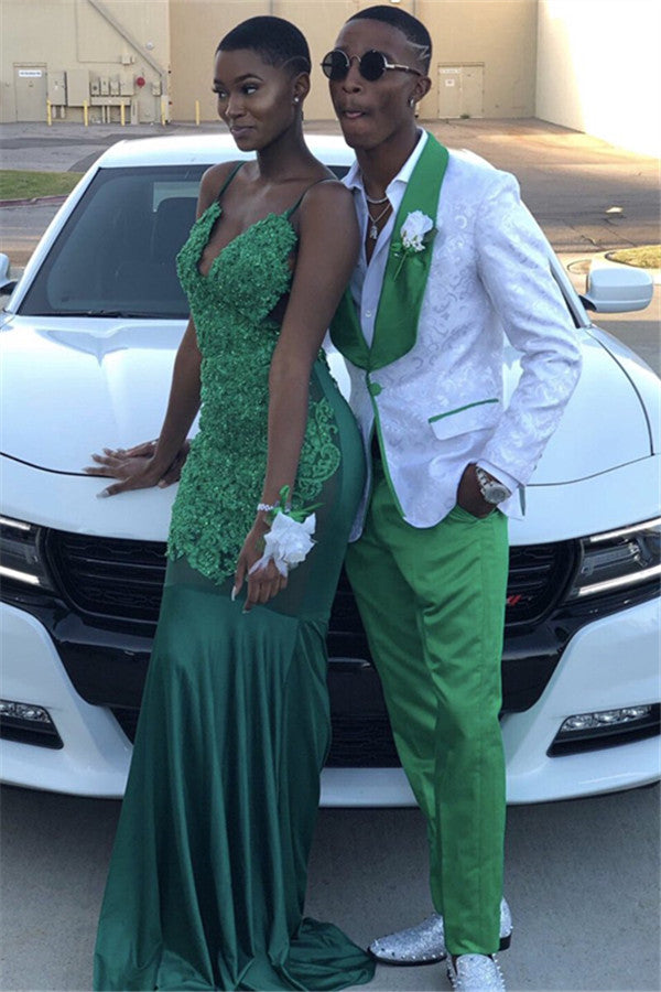 White Jacquard One Button Prom Outfits for Guy with Green Lapel ...