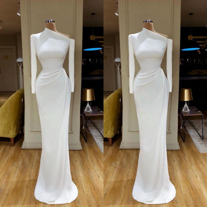 White Long Mermaid Special One Side Neck Evening Dress with Sleeves